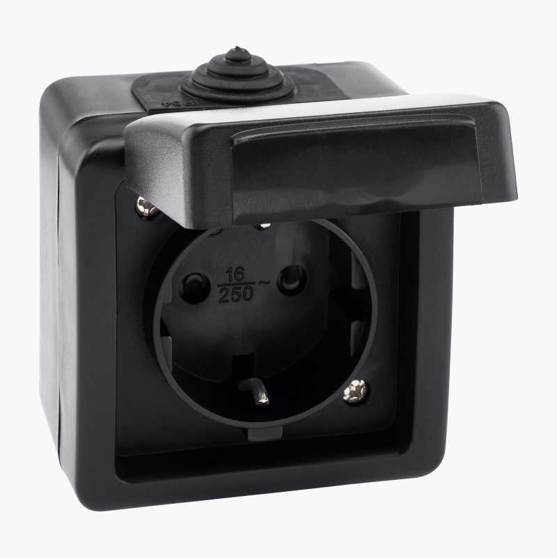 Stikkontakt for utendørs bruk, enkel, sort - Biltema.no