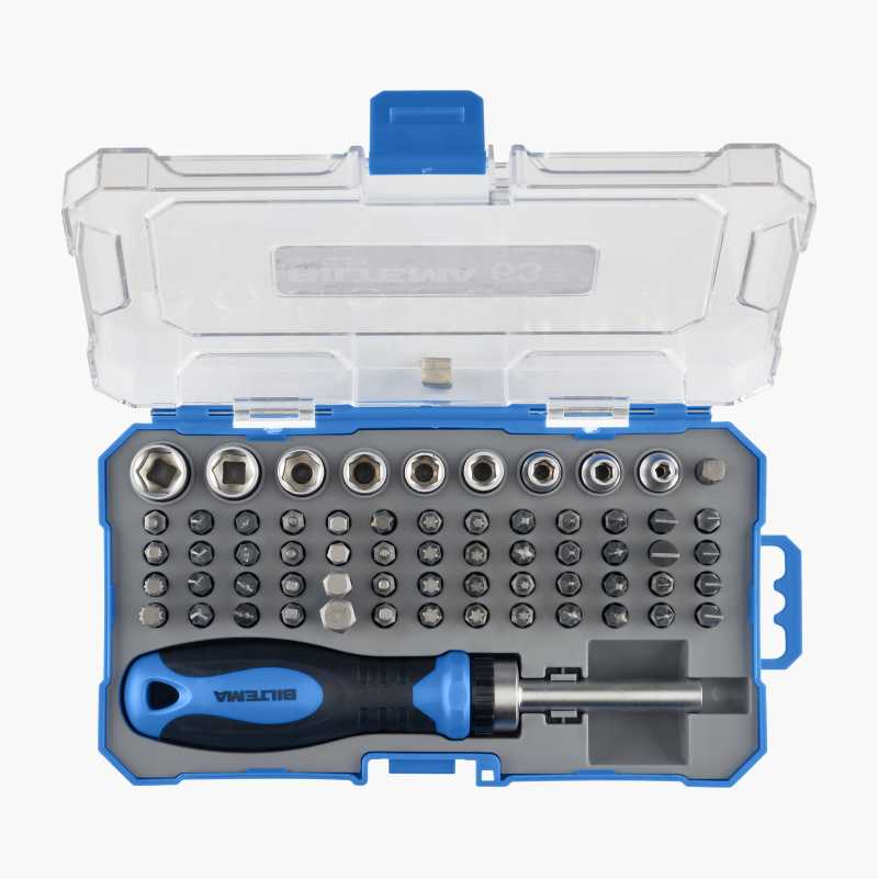 Ratchet screwdriver with bits and sockets, 63 parts - Biltema.dk