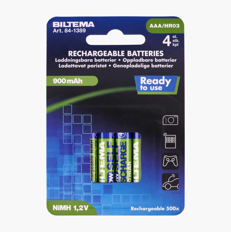 Ladattava AAA-paristo, 900 mAh, 4-pakk. - Biltema.fi